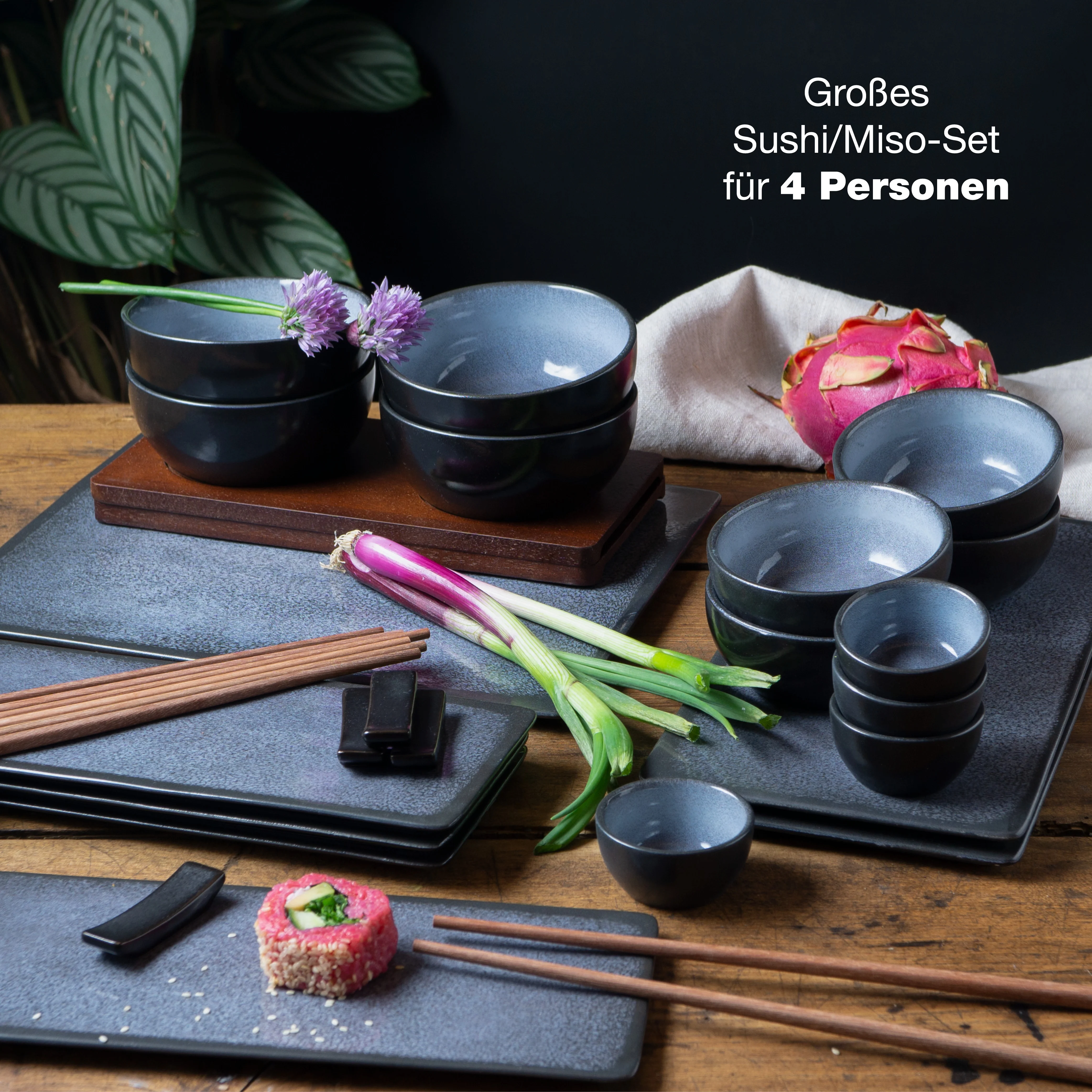 VIDA Sushi Geschirr Set – 29-tlg., Blau, Porzellan & Holz